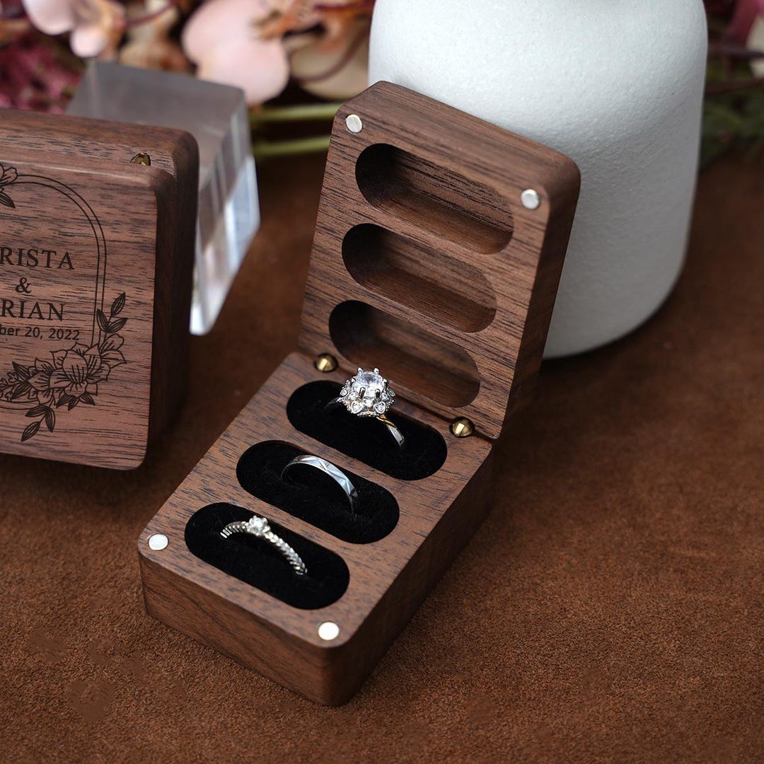 Custom Triple Flip Walnut Wedding Ceremony Ring Box, Engagement Ring ...