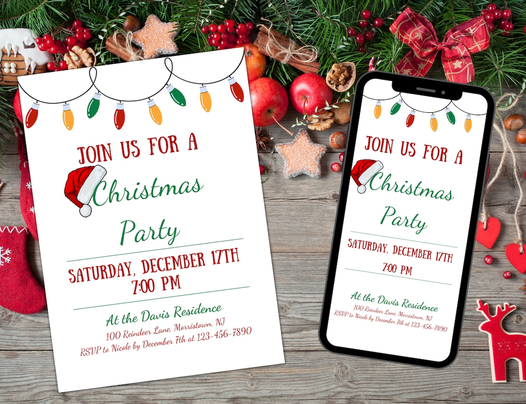 Editable Christmas Lights and Santa Hat Party Invitation, Christmas ...