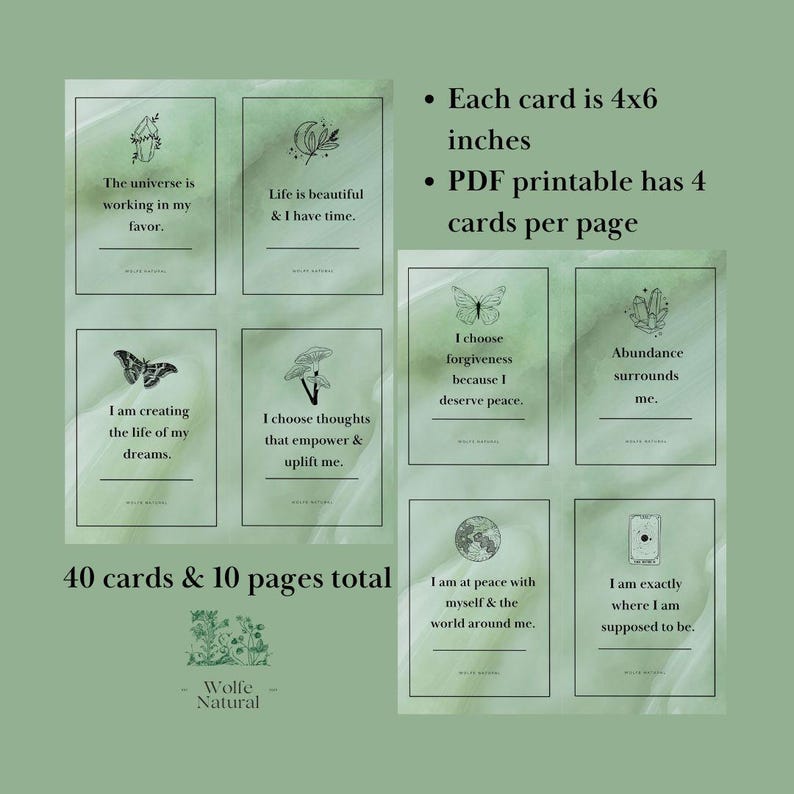 40 Self Love Affirmation Cards Printable Whimsical Magical Earthy Green ...