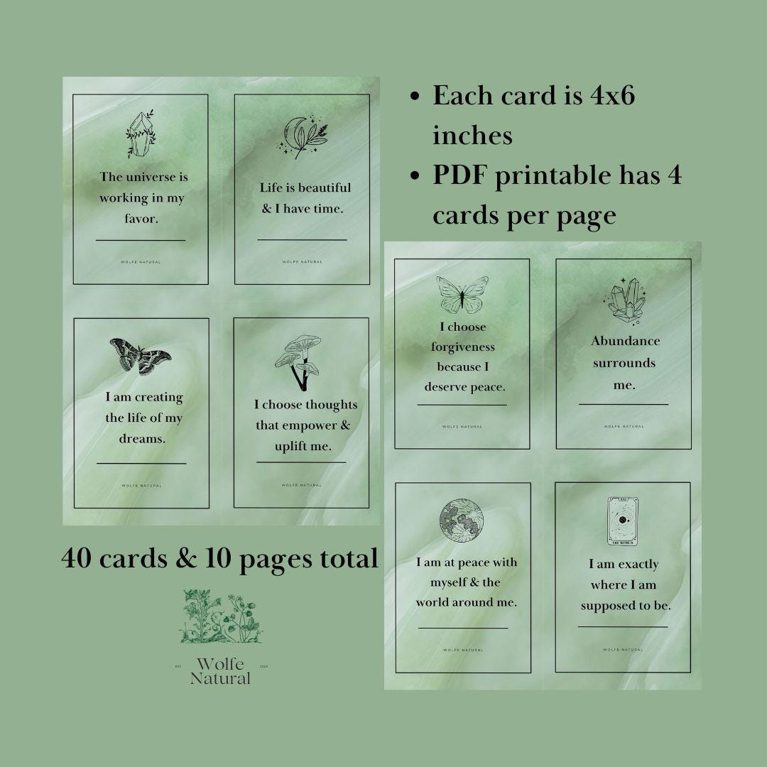 40 Self Love Affirmation Cards Printable Whimsical Magical Earthy Green ...