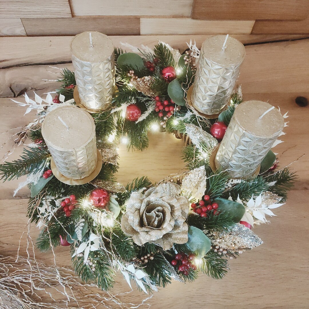 Advent Wreath in Gold, Red and Cream/white Tones, Durable, Christmas ...