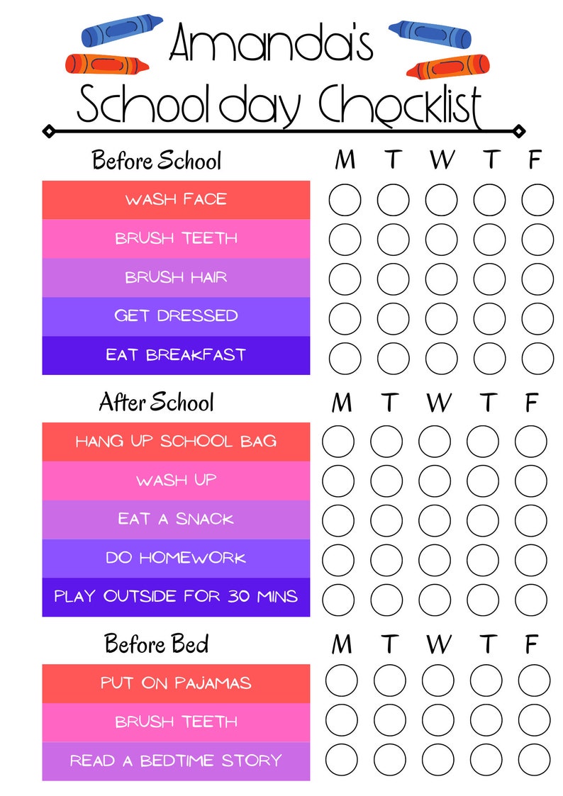 School Checklist Kids Daily Schedule Kids Day Planner Back to - Etsy