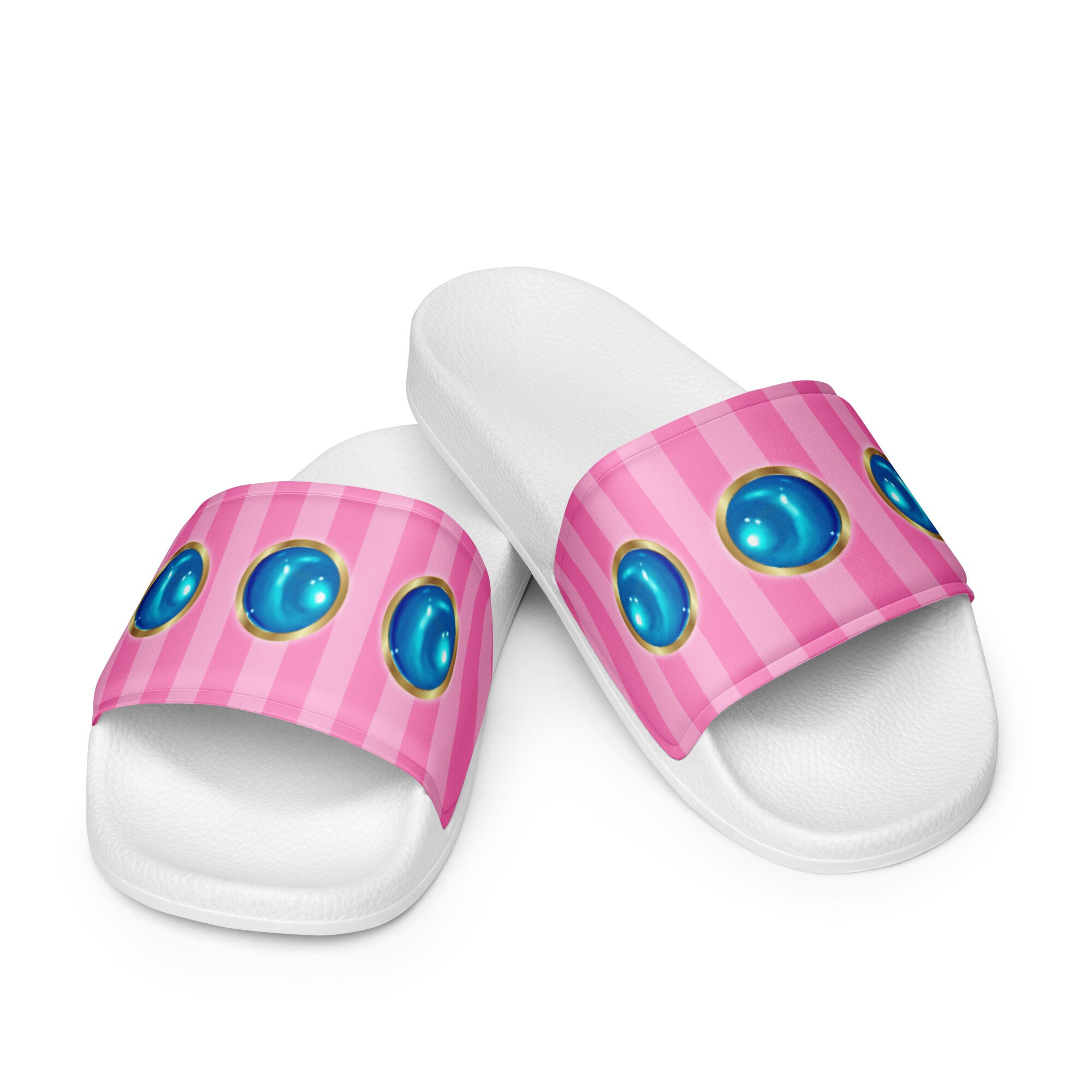 PEACH COSPLAY Women's Slides, Gold Peach Medallion With Blue Gem Stone ...