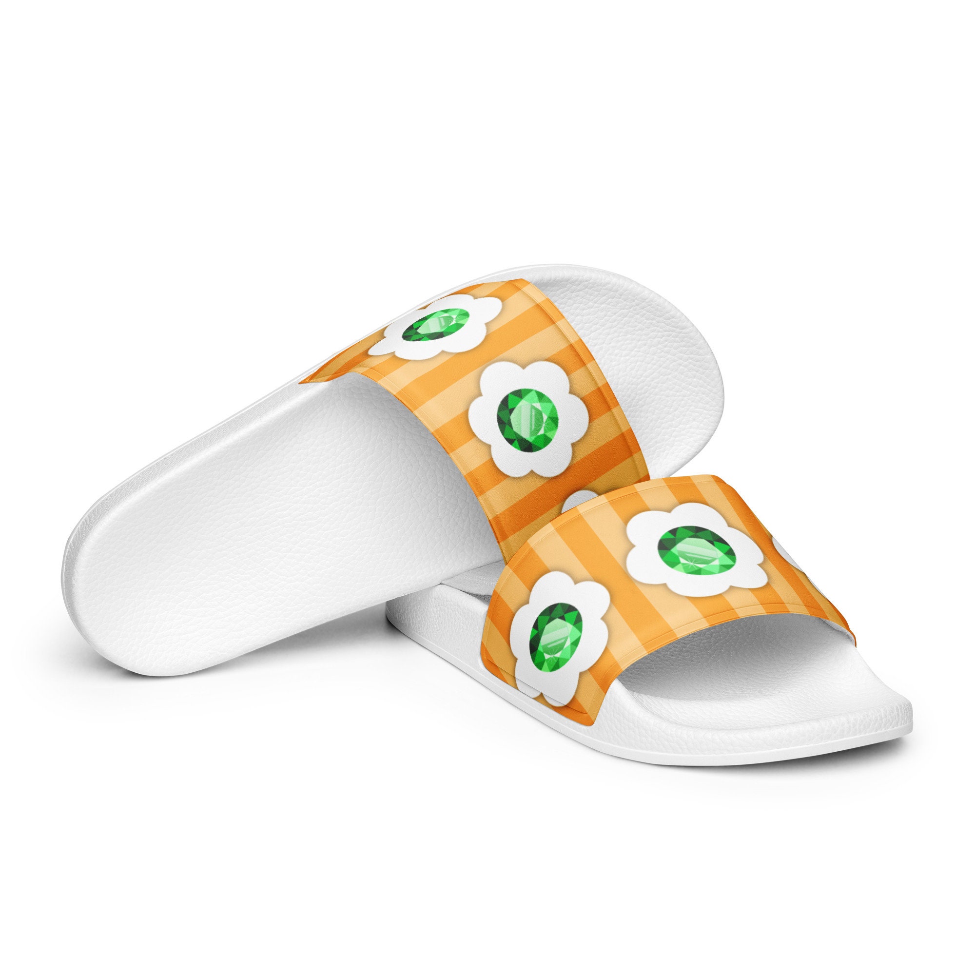 DAISY COSPLAY Women's Slides, White Daisy Medallion With Green Gem ...