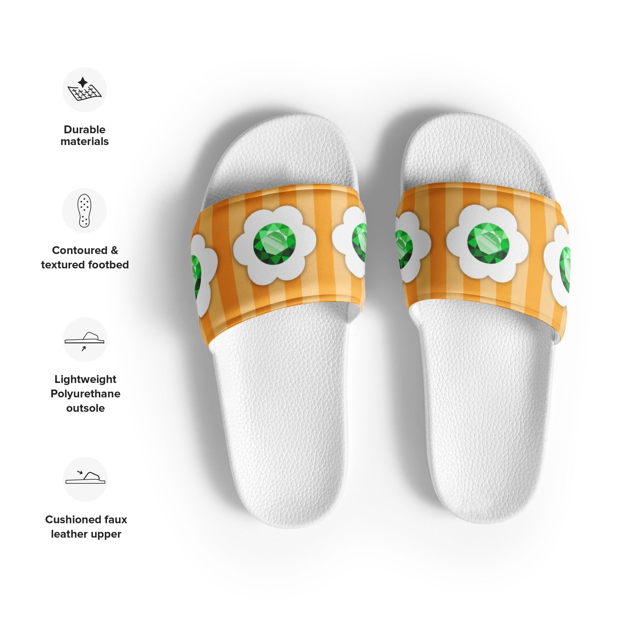 DAISY COSPLAY Women's Slides, White Daisy Medallion With Green Gem ...