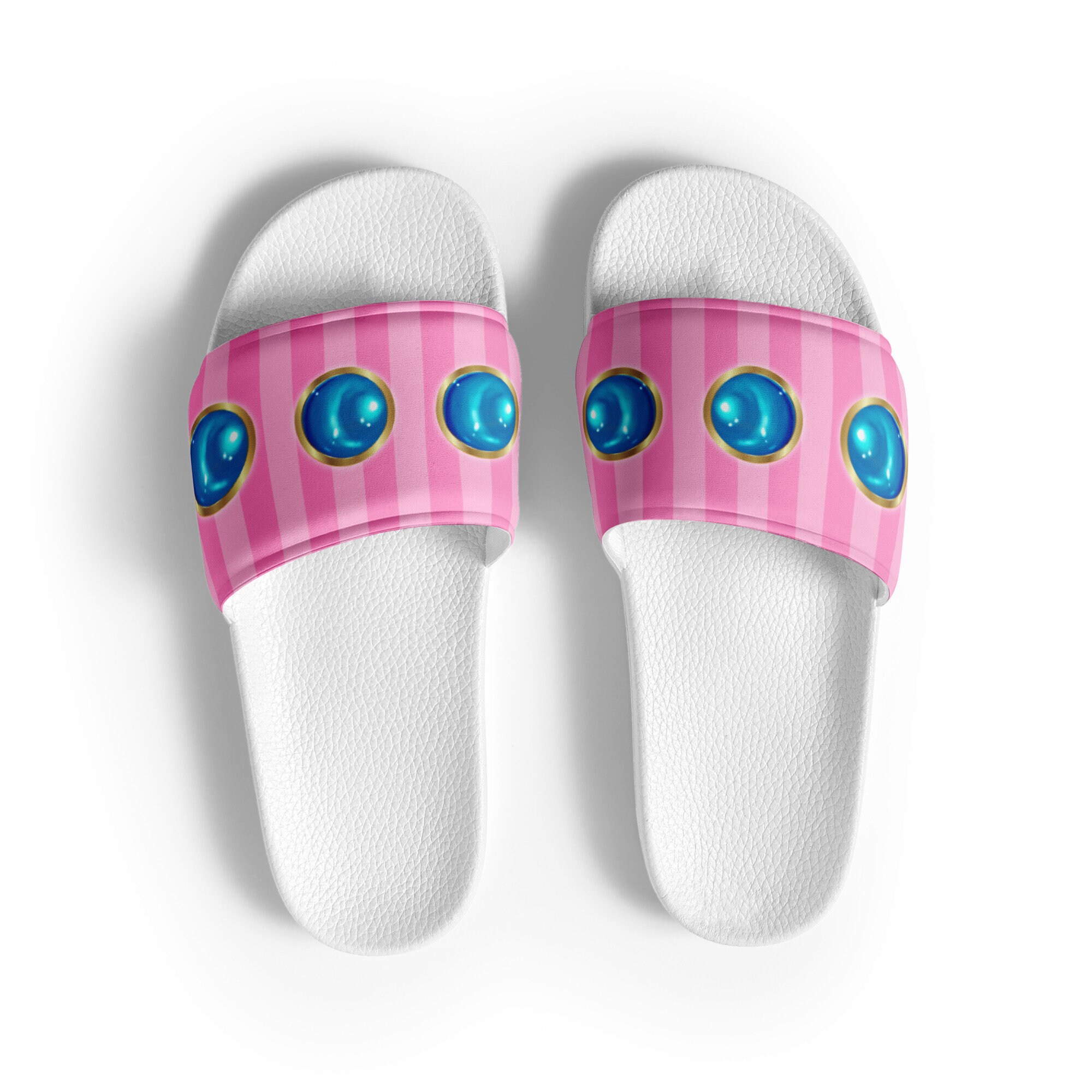 PEACH COSPLAY Women's Slides, Gold Peach Medallion With Blue Gem Stone ...