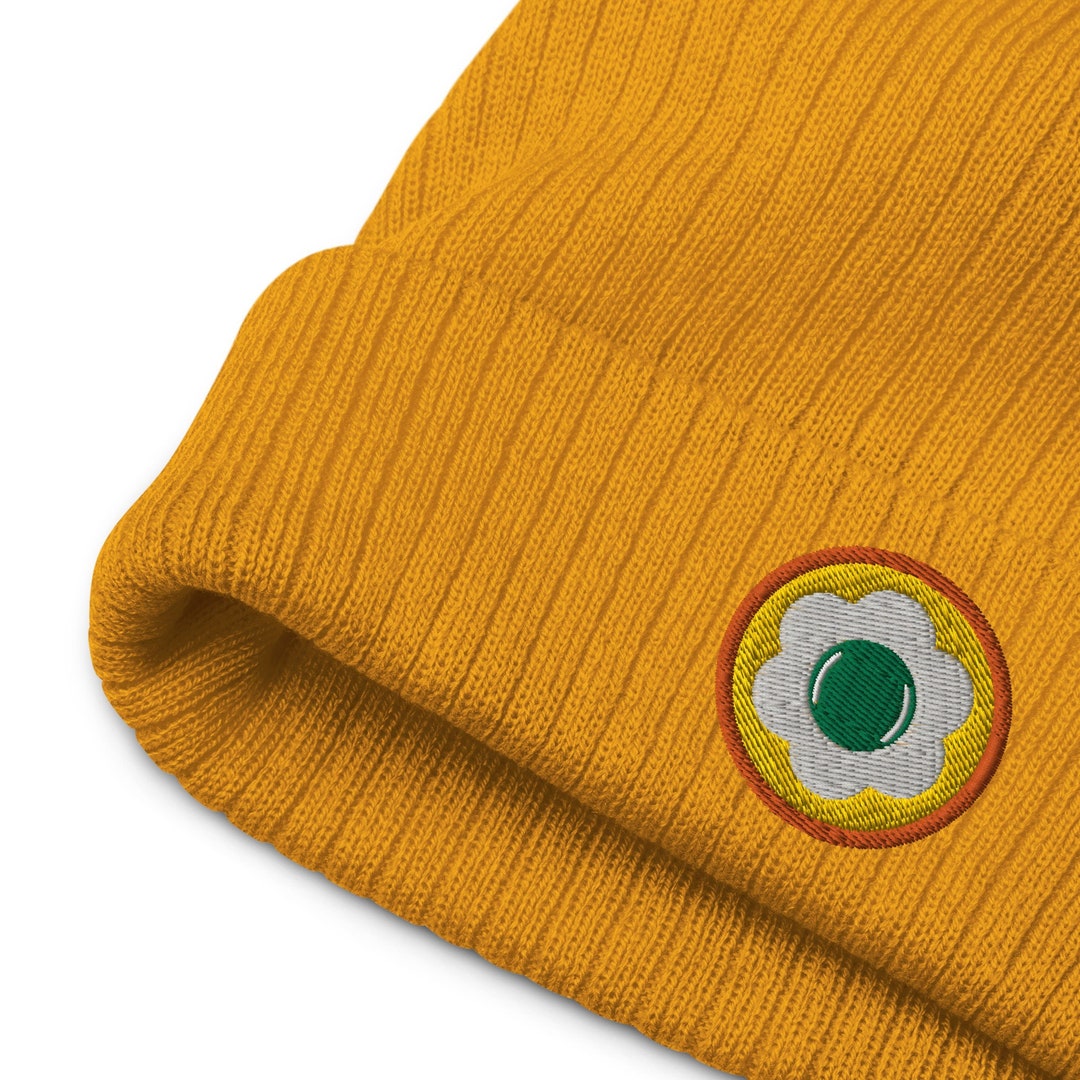 DAISY Ribbed Knit Beanie, Daisy Medallion With Green Gem Stone, Orange ...