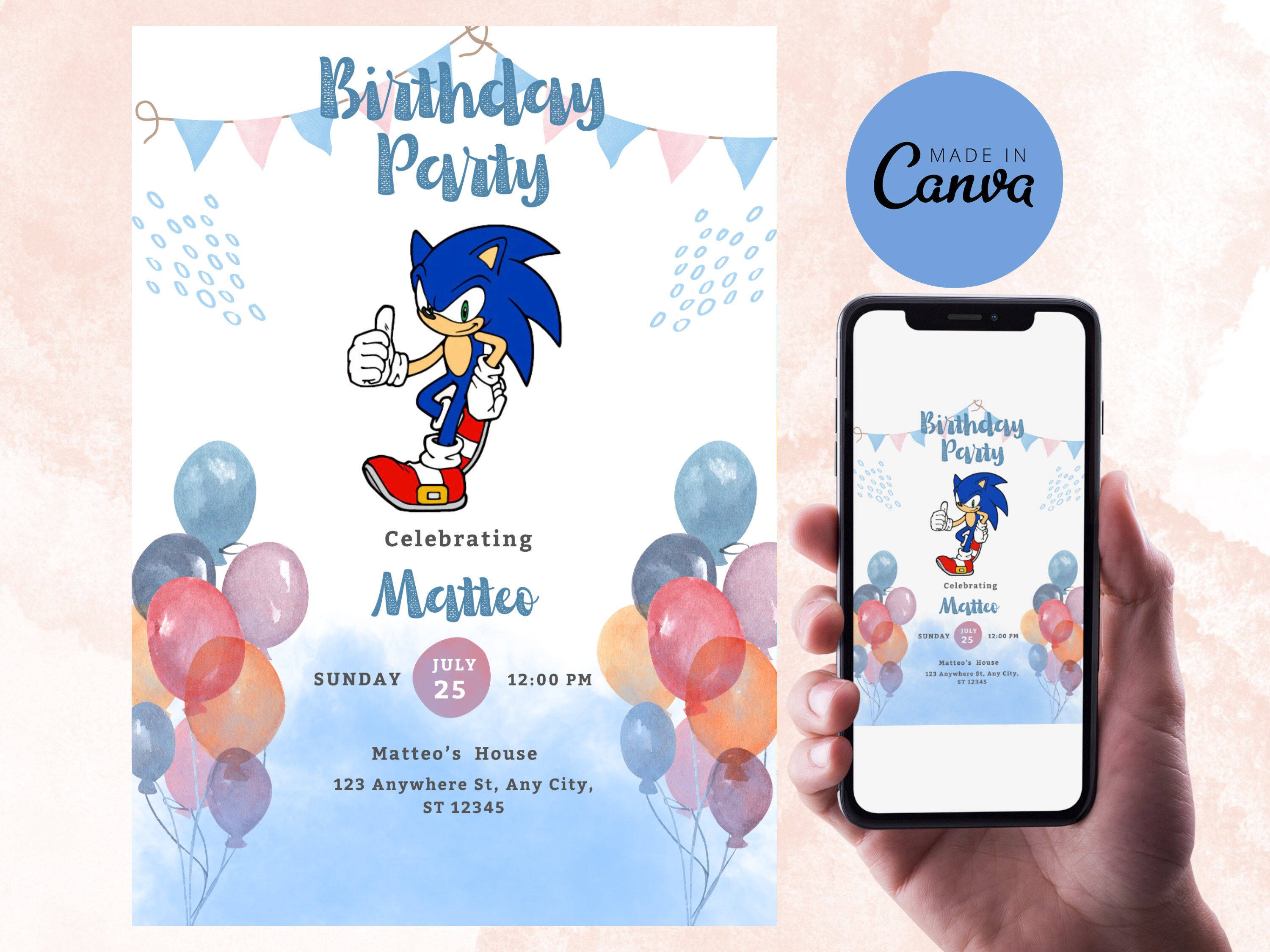 SONIC BIRTHDAY INVITATION, Sonic Invite, Sonic Party, Kids Party, Kid ...