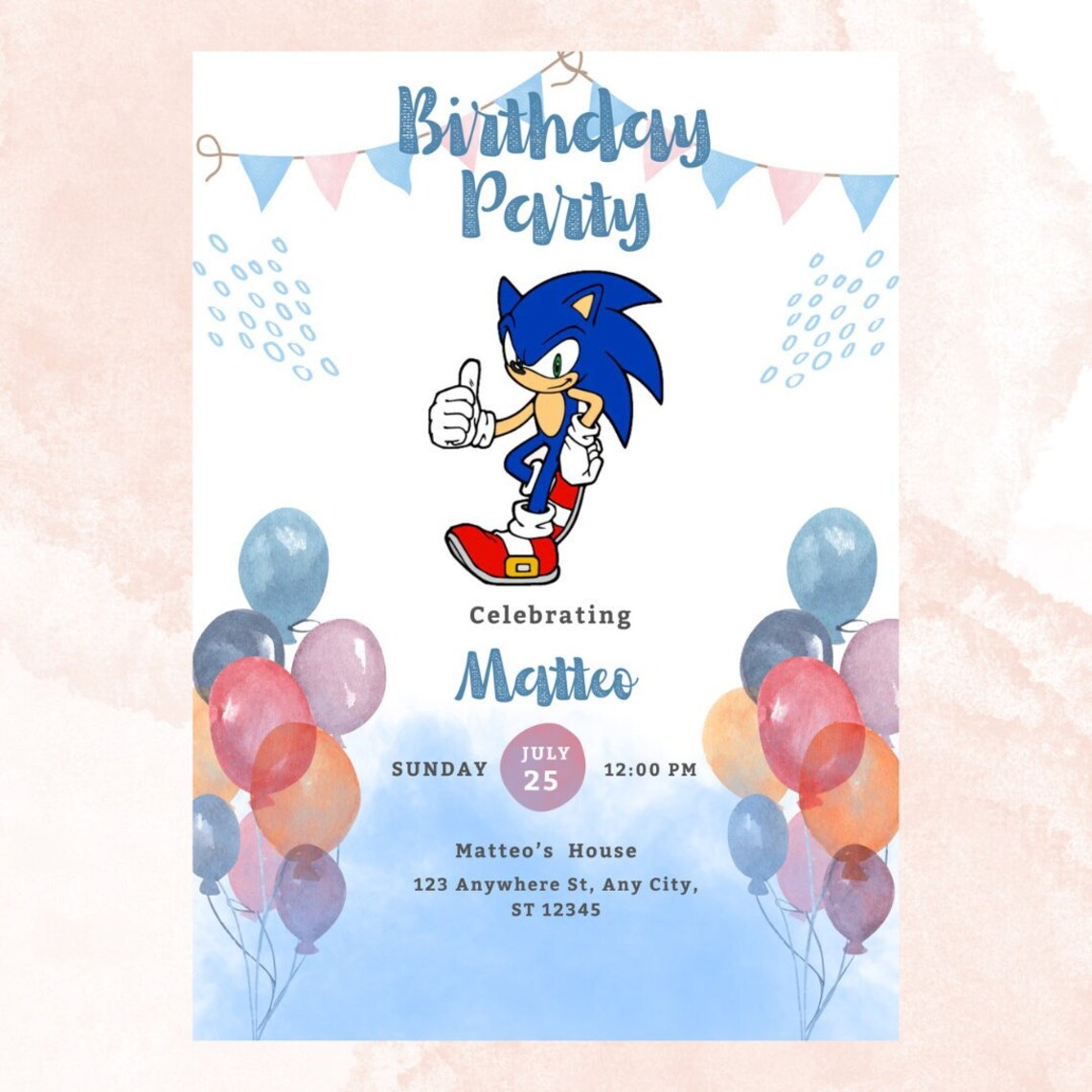 SONIC BIRTHDAY INVITATION, Sonic Invite, Sonic Party, Kids Party, Kid ...