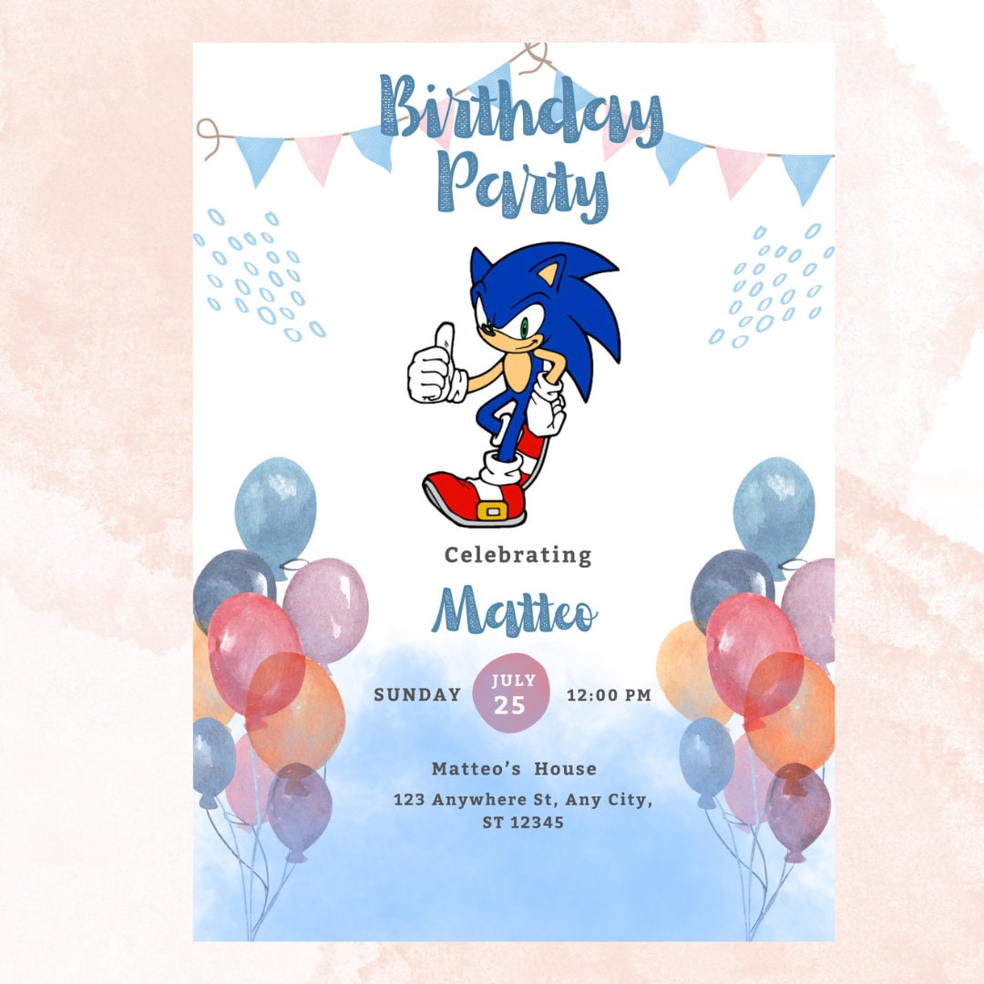SONIC BIRTHDAY INVITATION, Sonic Invite, Sonic Party, Kids Party, Kid ...