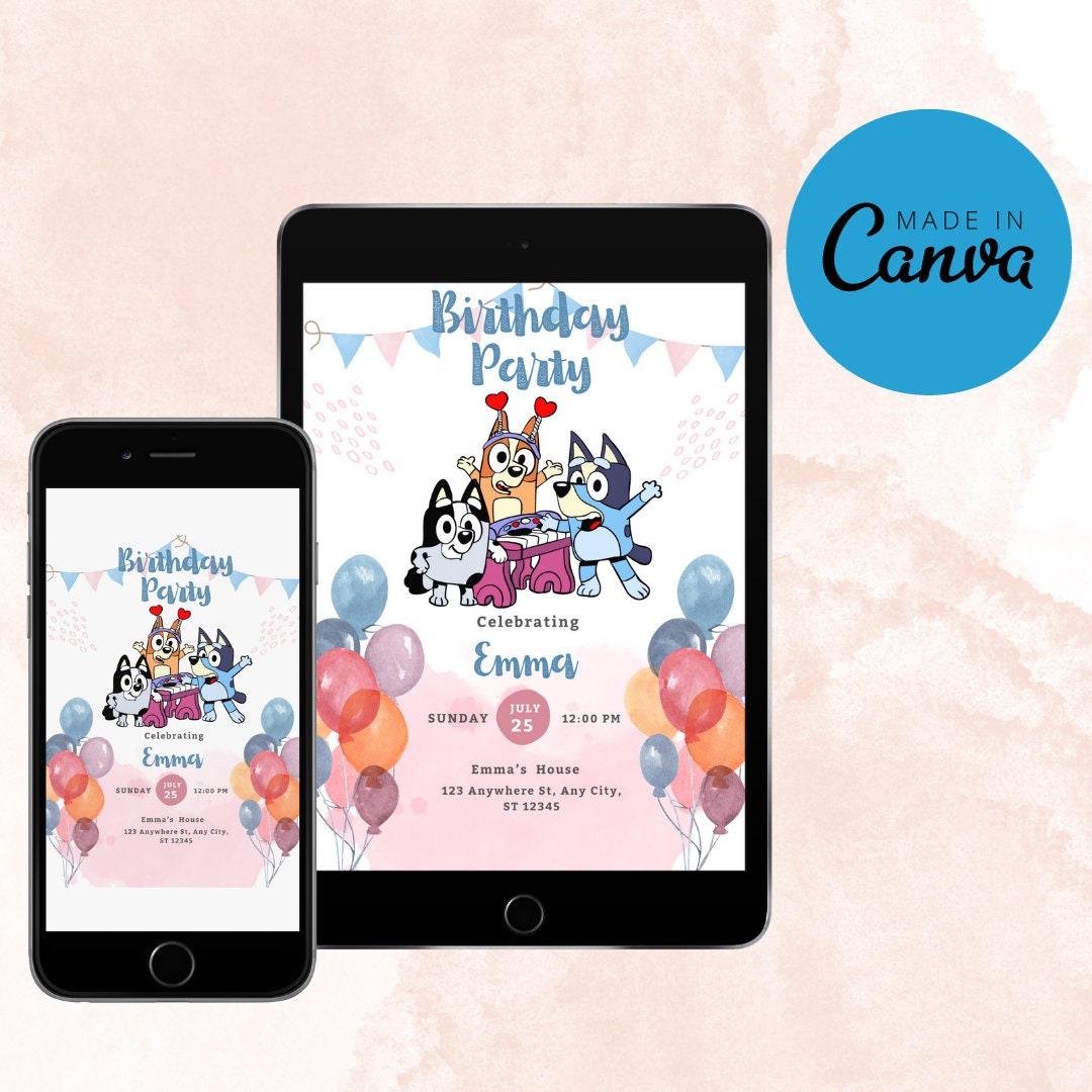 Bluey Birthday Invitation Canva Editable Template Bluey Kids - Etsy