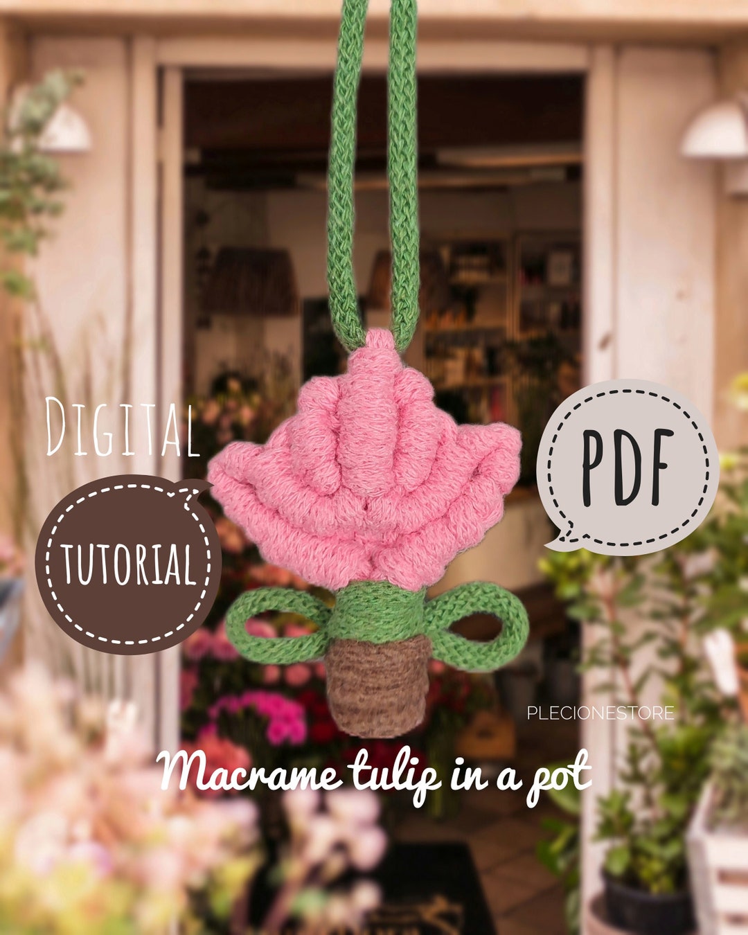 PDF Tutorial of Macrame Tulip in a Pot for Beginners, Macrame Flower DIY, Car Charm Decor ...