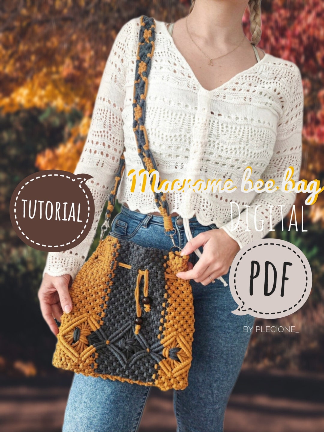 PDF Tutorial of Macrame Bee Bag + Macrame Strap, Macrame Unique Bag DIY, Macrame Step by Step ...