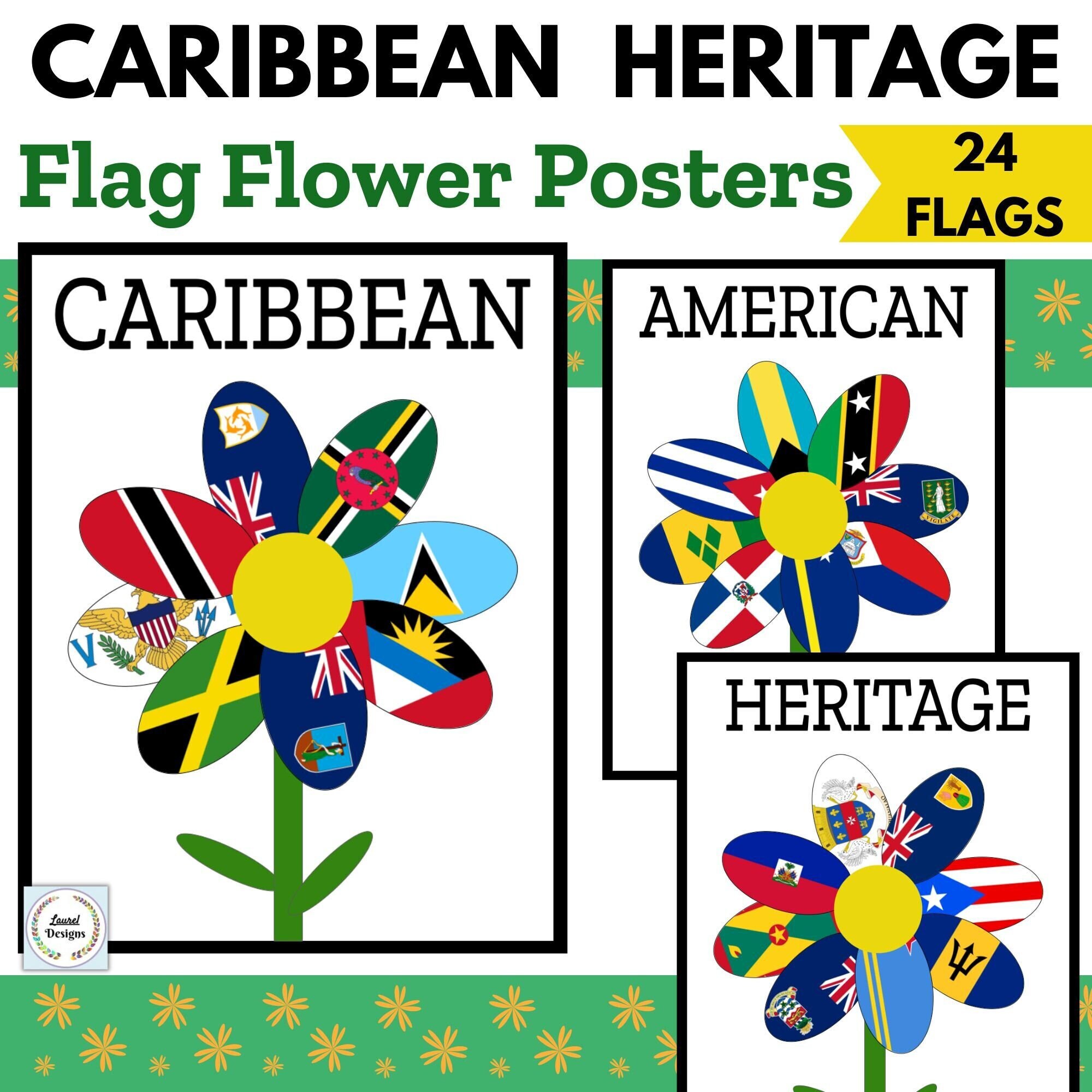 Printable Caribbean American Heritage Month Flag Flower Posters ...