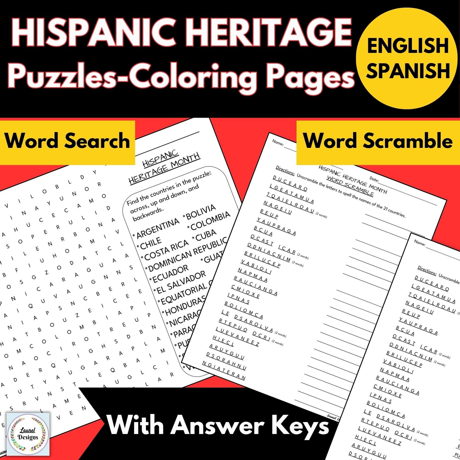 Printable Hispanic Heritage Month Word Puzzles, Worksheets, Coloring ...