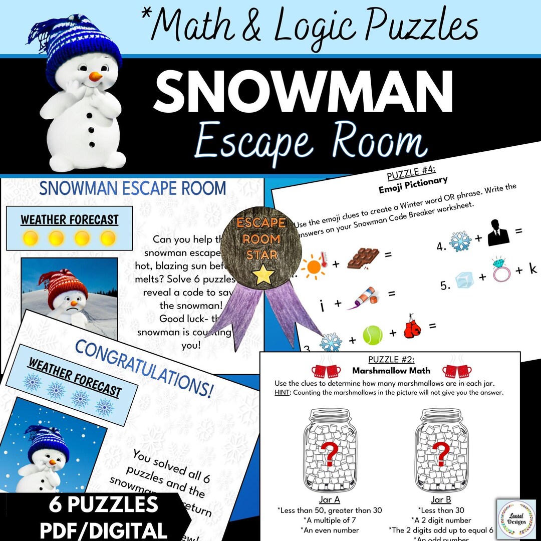 Snowman Escape Room, Winter Escape Room, Winter Challenge, Math Puzzles ...