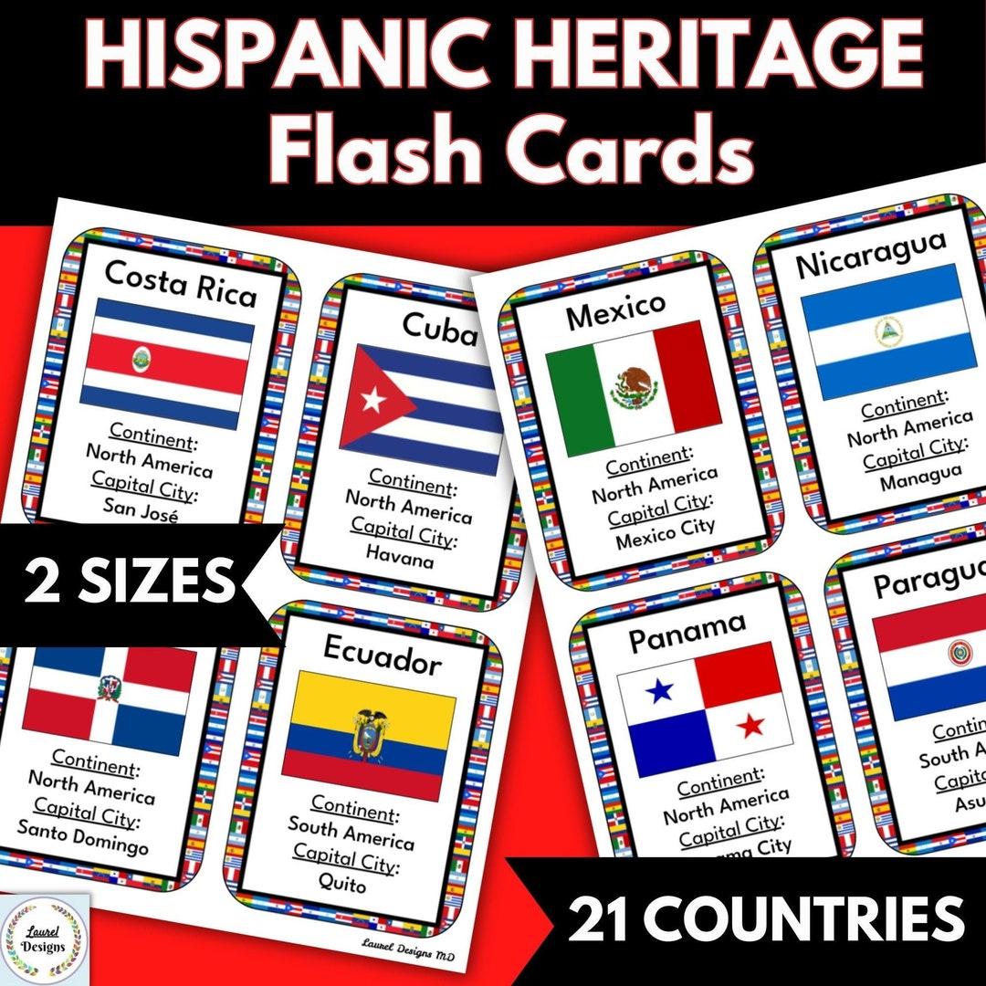 Printable Hispanic Heritage Month Flag Flash Cards, Spanish Country ...