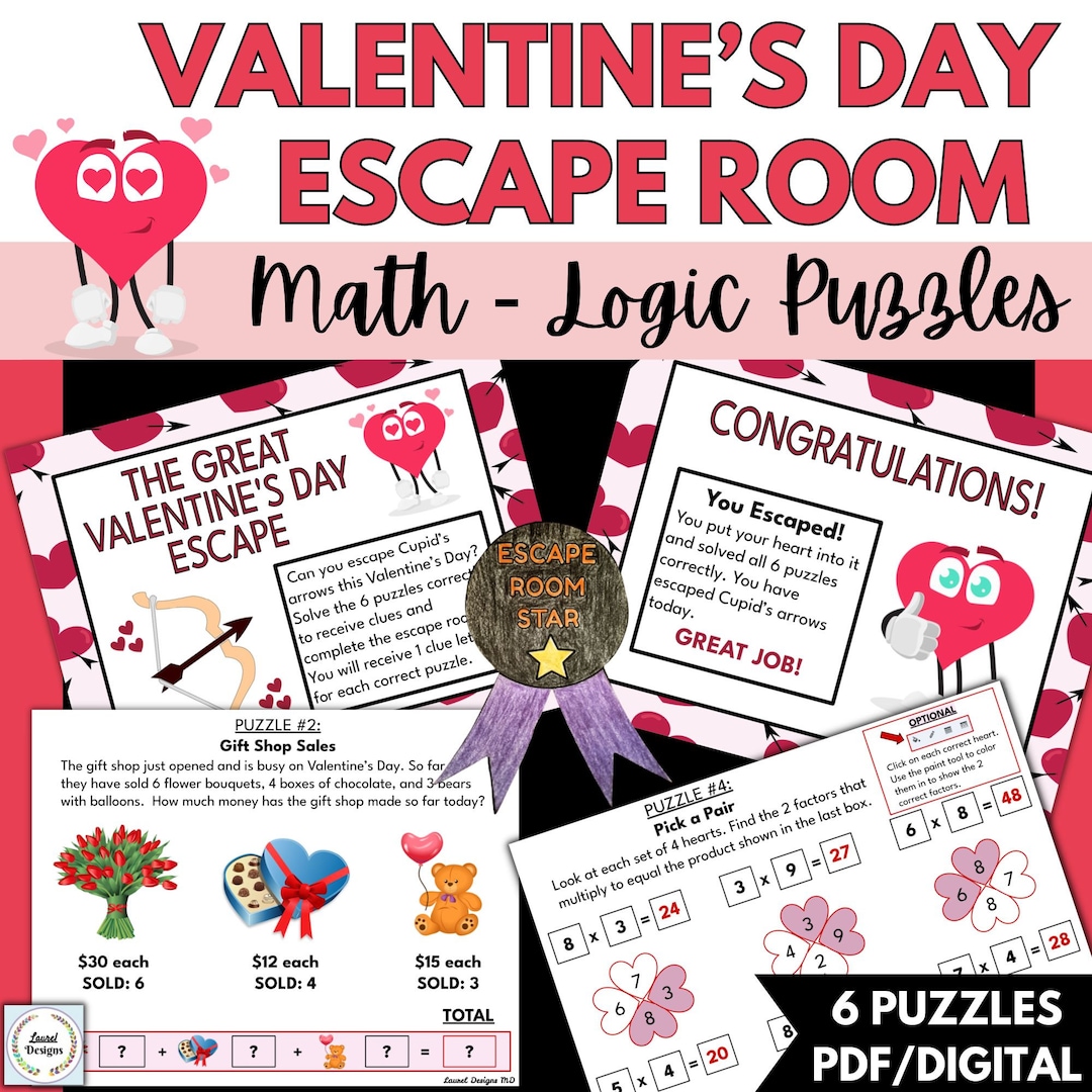 Valentine's Day Escape Room Math Puzzles Logic Puzzles - Etsy