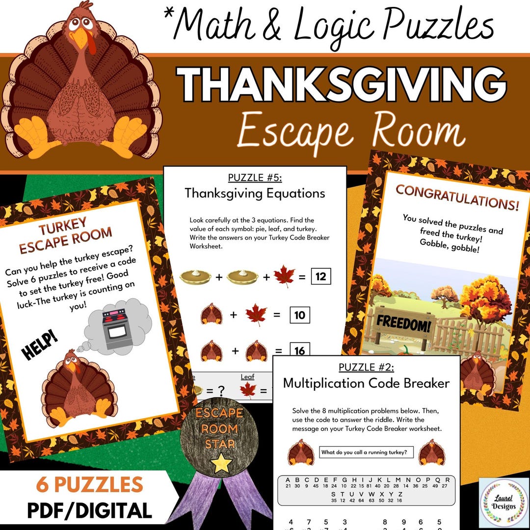 Turkey Escape Room, Thanksgiving Activity, Math Puzzles, Logic Puzzles ...