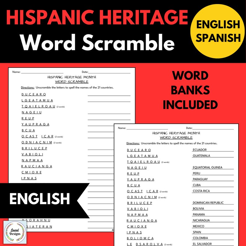 Printable Hispanic Heritage Month Word Puzzles, Worksheets, Coloring ...