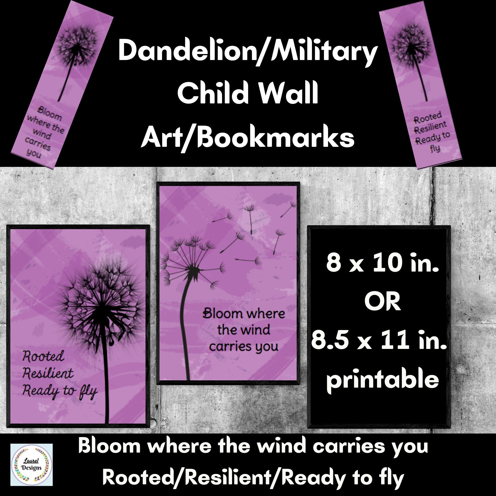 Dandelion/military Child Wall Art, Poster Set With Bookmarks Purple up ...