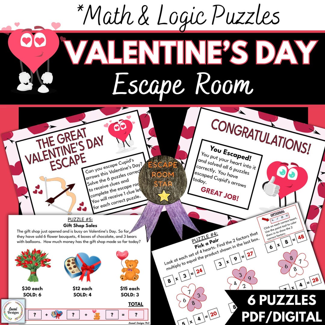 Valentine's Day Escape Room, Math Puzzles, Logic Puzzles DIGITAL ...