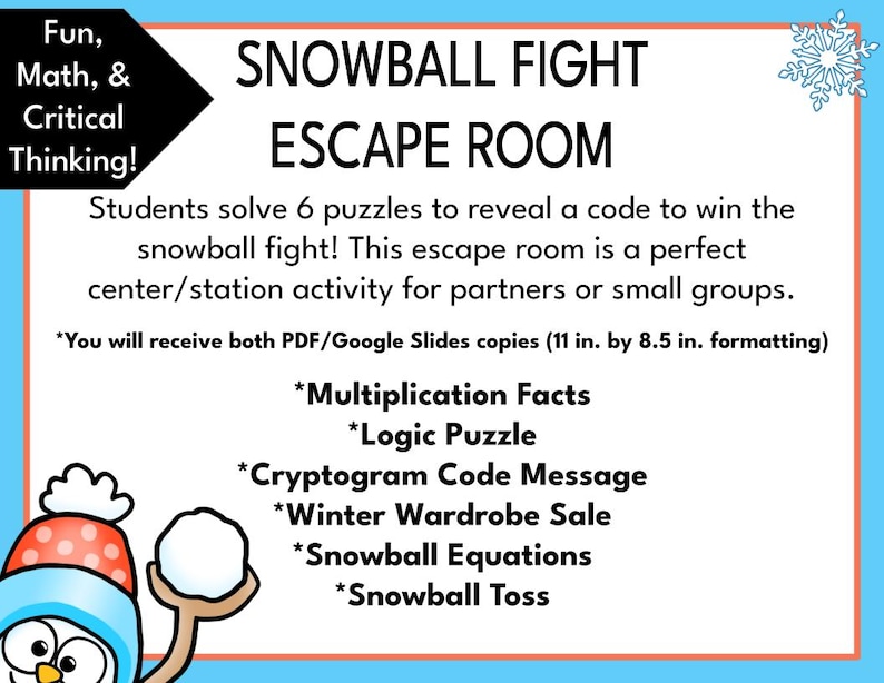 Snowball Fight Escape Room, Winter Escape Room, Winter Challenge, Snow ...