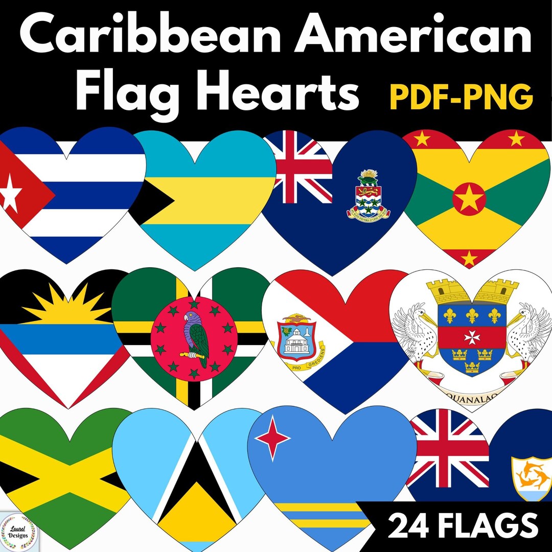 Caribbean American Heritage Month Flag Hearts Printables Set of 24 ...