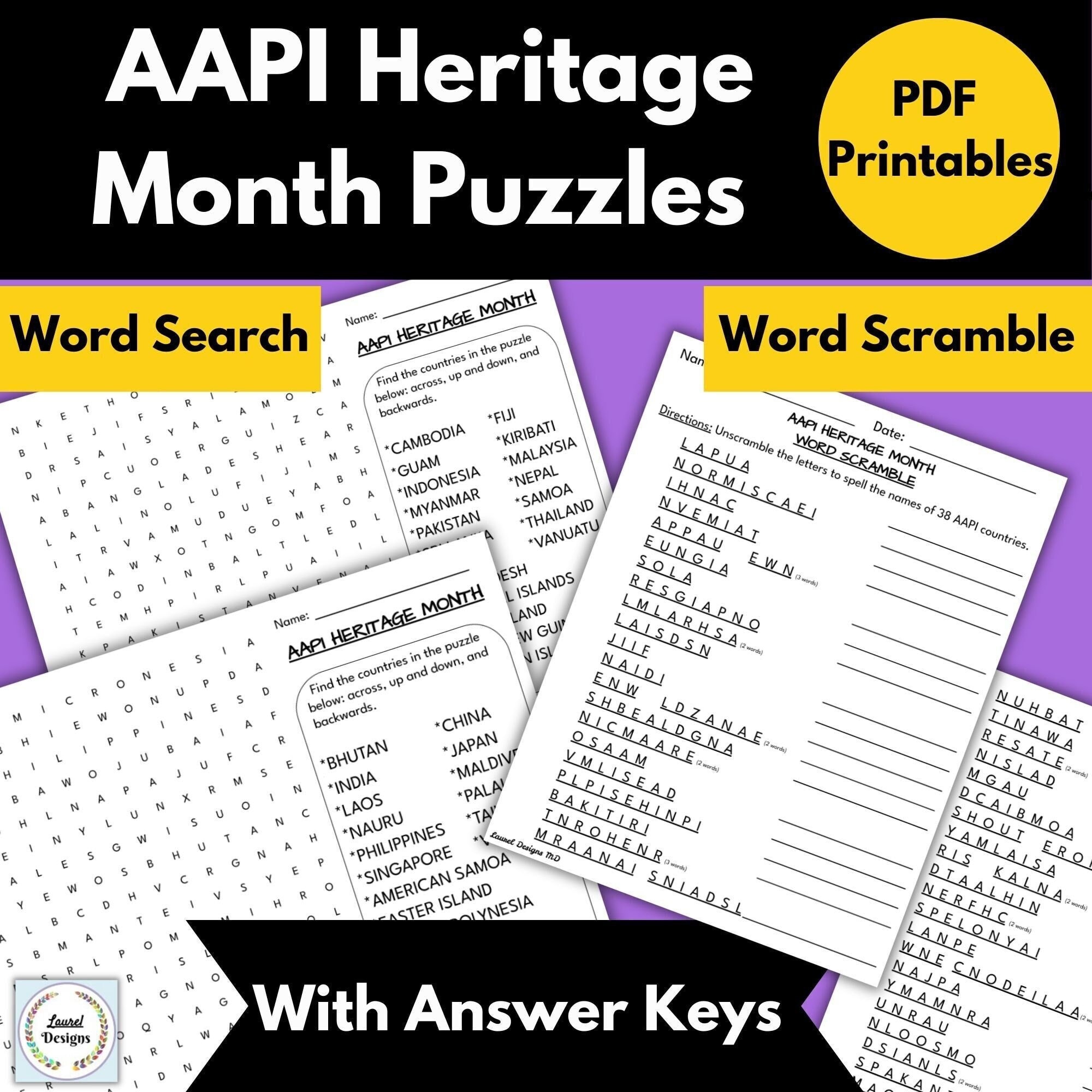 Printable AAPI Heritage Month Worksheets. Puzzles, Word Search, Word ...