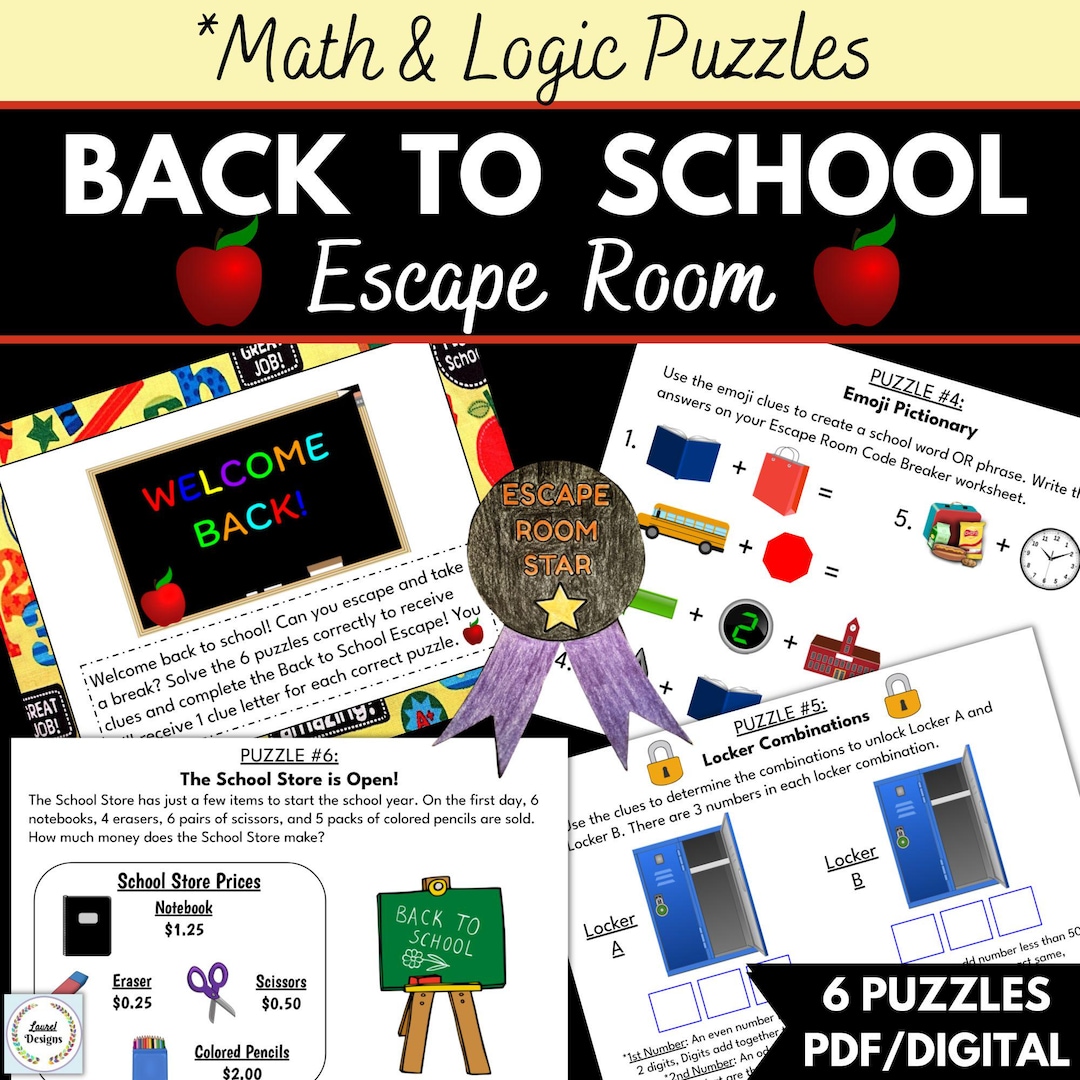 Back to School Escape Room, Math Puzzles, Logic Puzzles DIGITAL ...