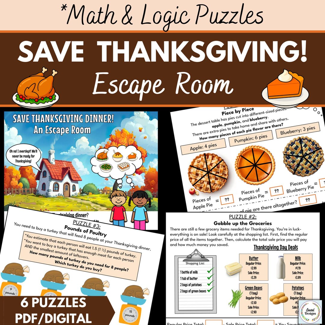 Thanksgiving Math Escape Room, Logic Puzzles (printable, Digital) - Etsy
