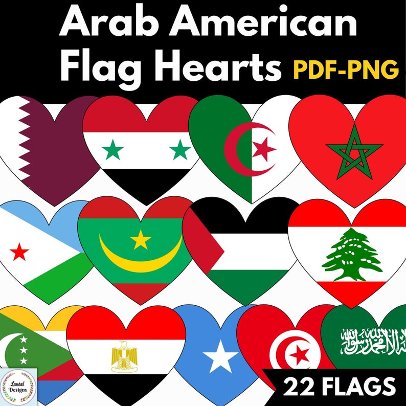Arab American Heritage Month Flag Hearts Printables Set of 22, Bulletin ...