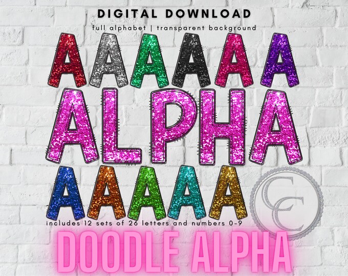 Set of 12 Faux Sequin Chunky Glitter Doodle Alpha Set and Numbers ...