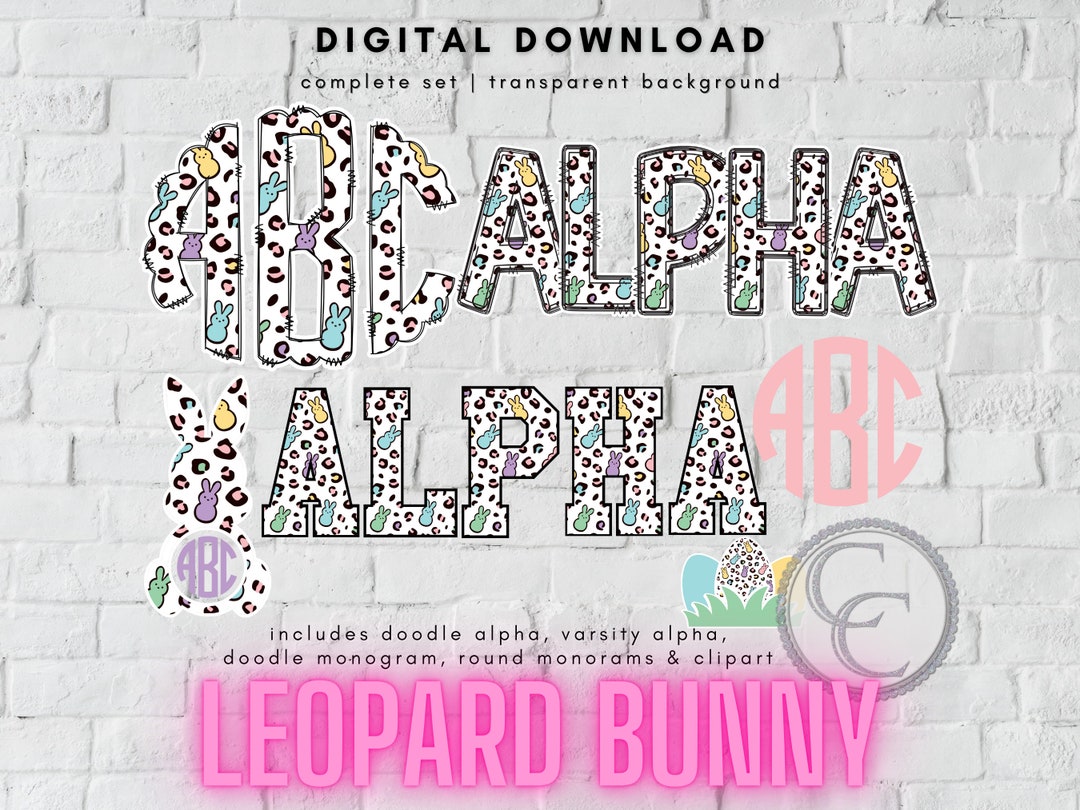 Leopard Bunny Doodle Alpha Set, Doodle Monogram, Varsity, Round ...
