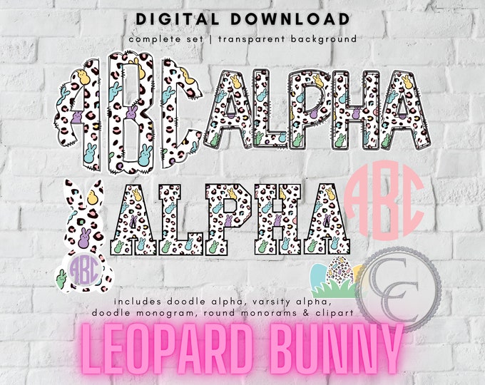 Leopard Bunny Doodle Alpha Set, Doodle Monogram, Varsity, Round ...