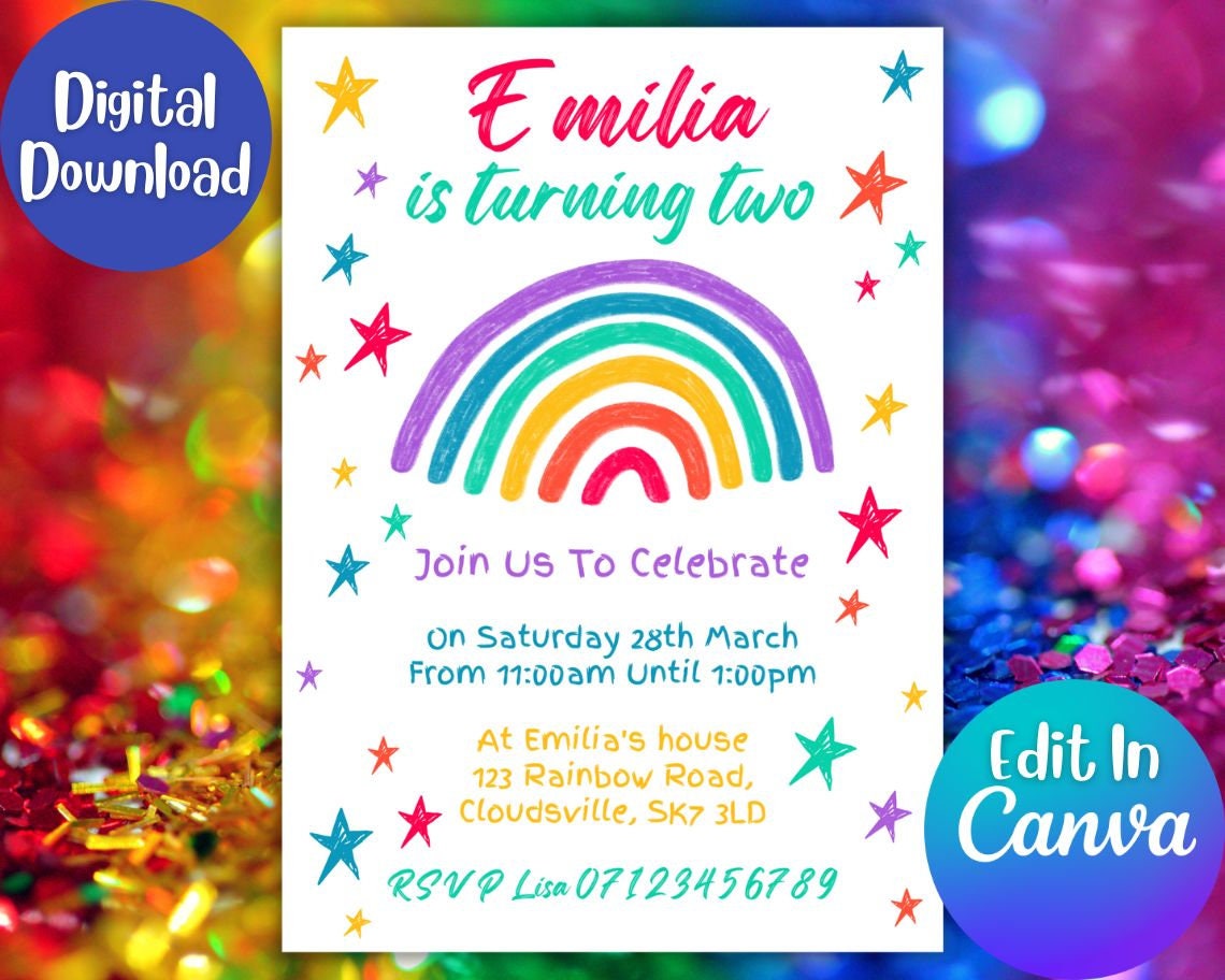 Editable Rainbow Party Invitation, Kids Digital Party Invite, Rainbow ...