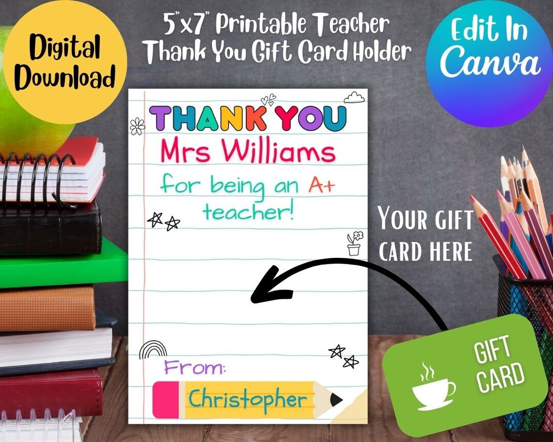 Editable Teacher Gift Card Holder, Printable Teacher Thank You Gift ...