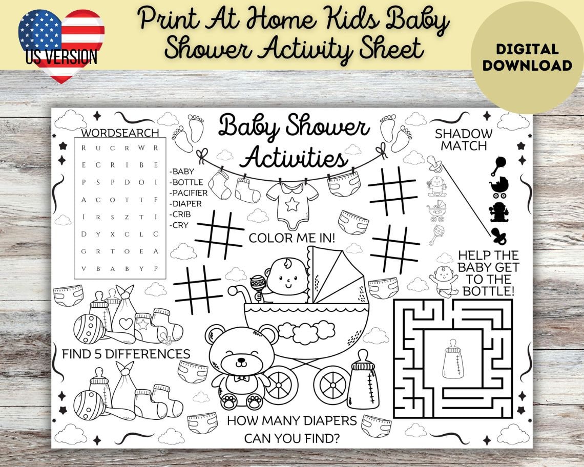 Kids Printable Baby Shower Activity Mat, Kids Baby Shower Placemat ...