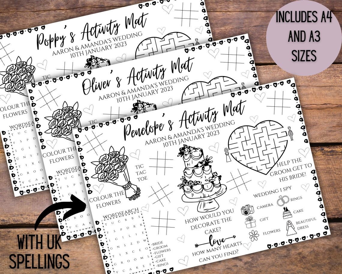 Kids Personalised Printable Wedding Activity Mat, Kids Wedding Placemat ...