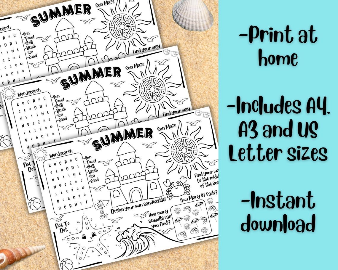 Kids Printable Summer Beach Activity Mat, Kids Summer Placemat, Beach ...