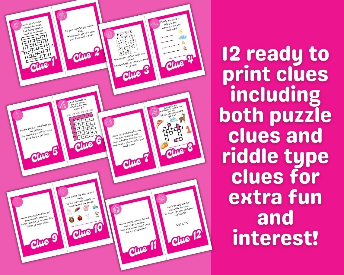 Printable Pink Kids Birthday Treasure Hunt, Indoor Birthday Scavenger ...