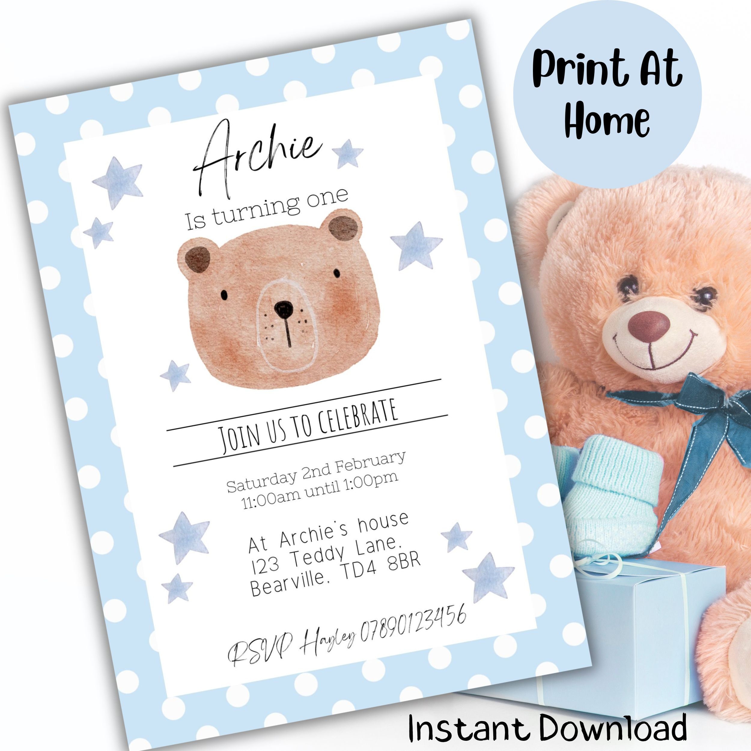 Teddy Bear Editable Party Invitation Thank You Tag, Baby Boy Kids ...