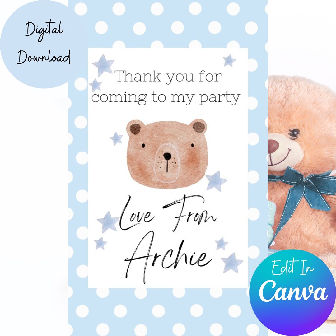 Teddy Bear Editable Party Thank You Tag, Kids Digital Party Bag Tags ...