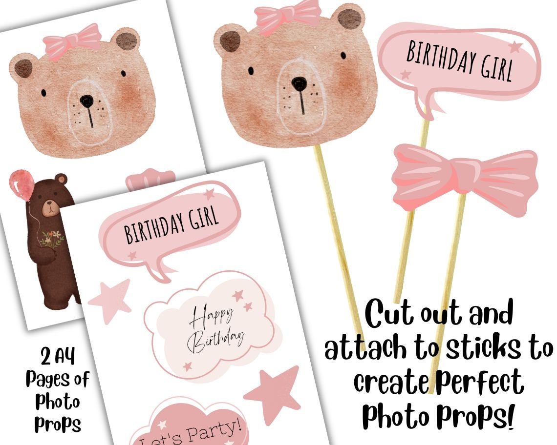 Printable Teddy Bear Birthday Bundle, Editable Pink Decorations Set ...