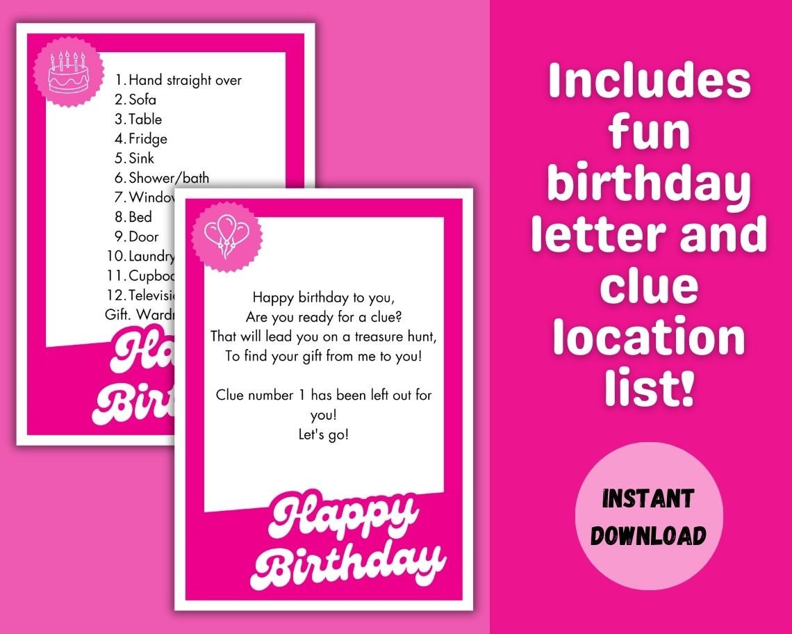 Printable Pink Kids Birthday Treasure Hunt, Indoor Birthday Scavenger ...