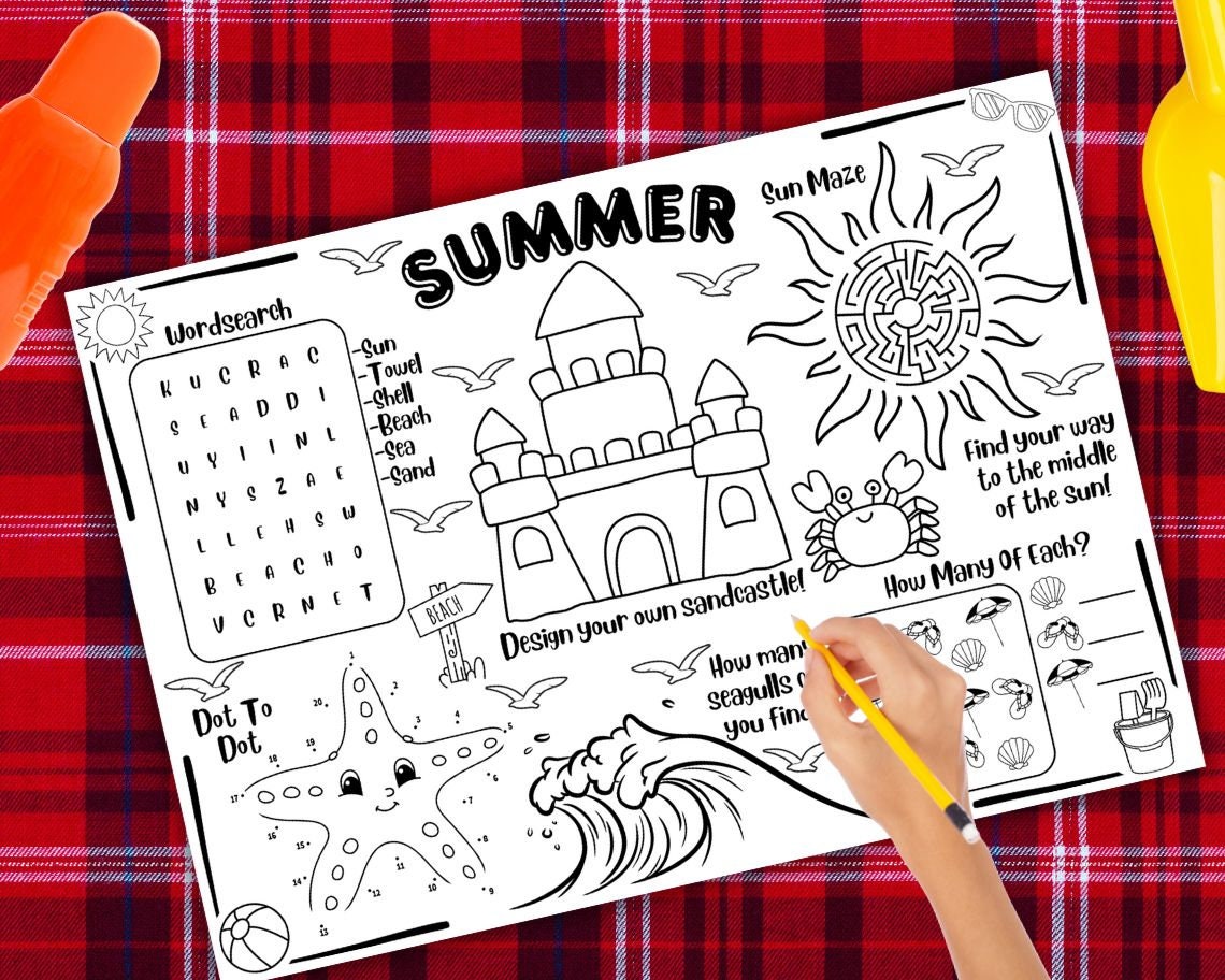 Kids Printable Summer Beach Activity Mat, Kids Summer Placemat, Beach ...