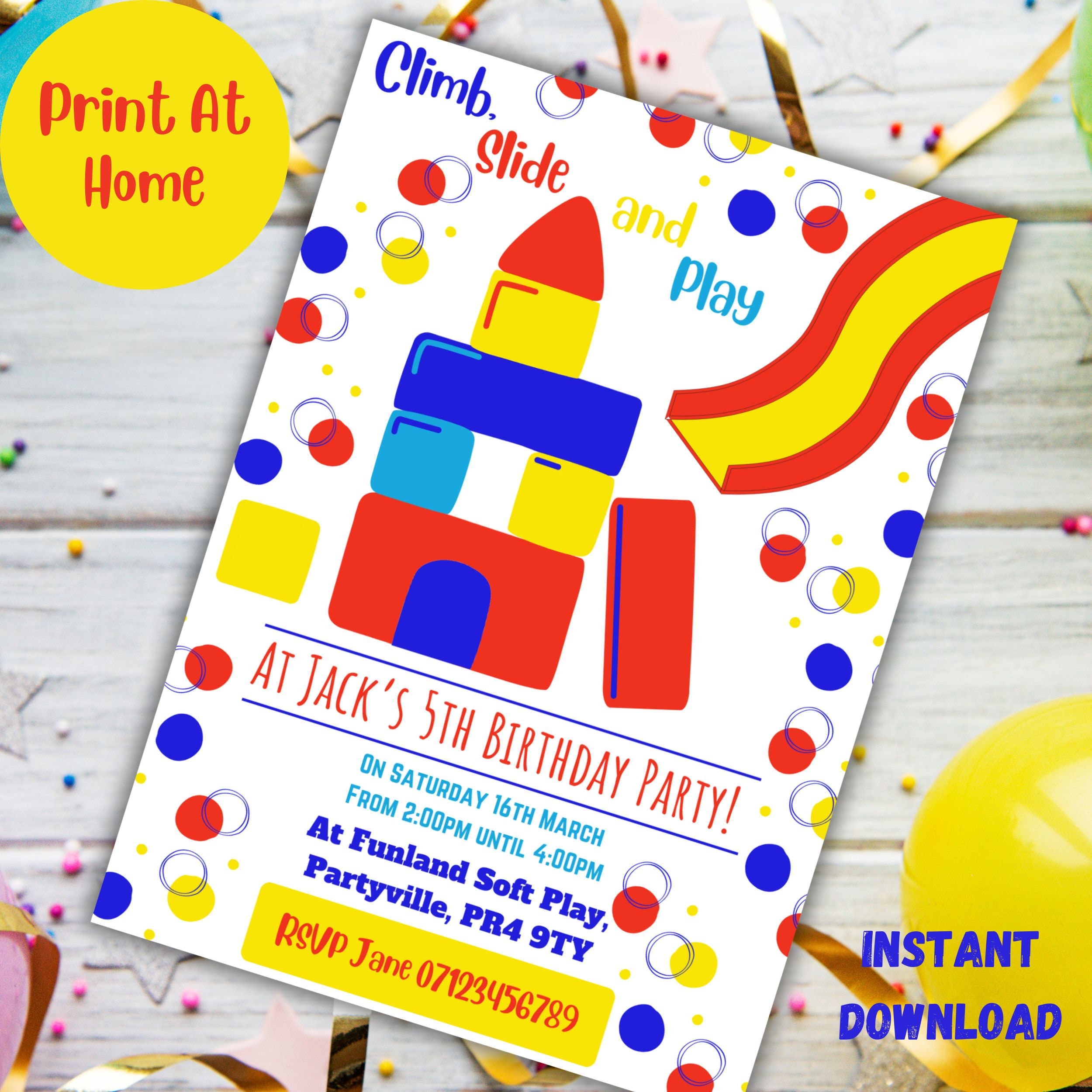 Soft Play Editable Party Invitation and Thank You Tag, Kids Digital ...