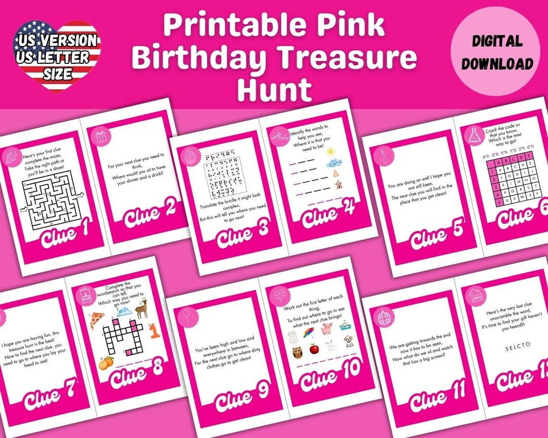 Printable Pink Kids Birthday Treasure Hunt, Indoor Birthday Scavenger ...
