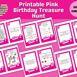 Printable Pink Kids Birthday Treasure Hunt, Indoor Birthday Scavenger ...