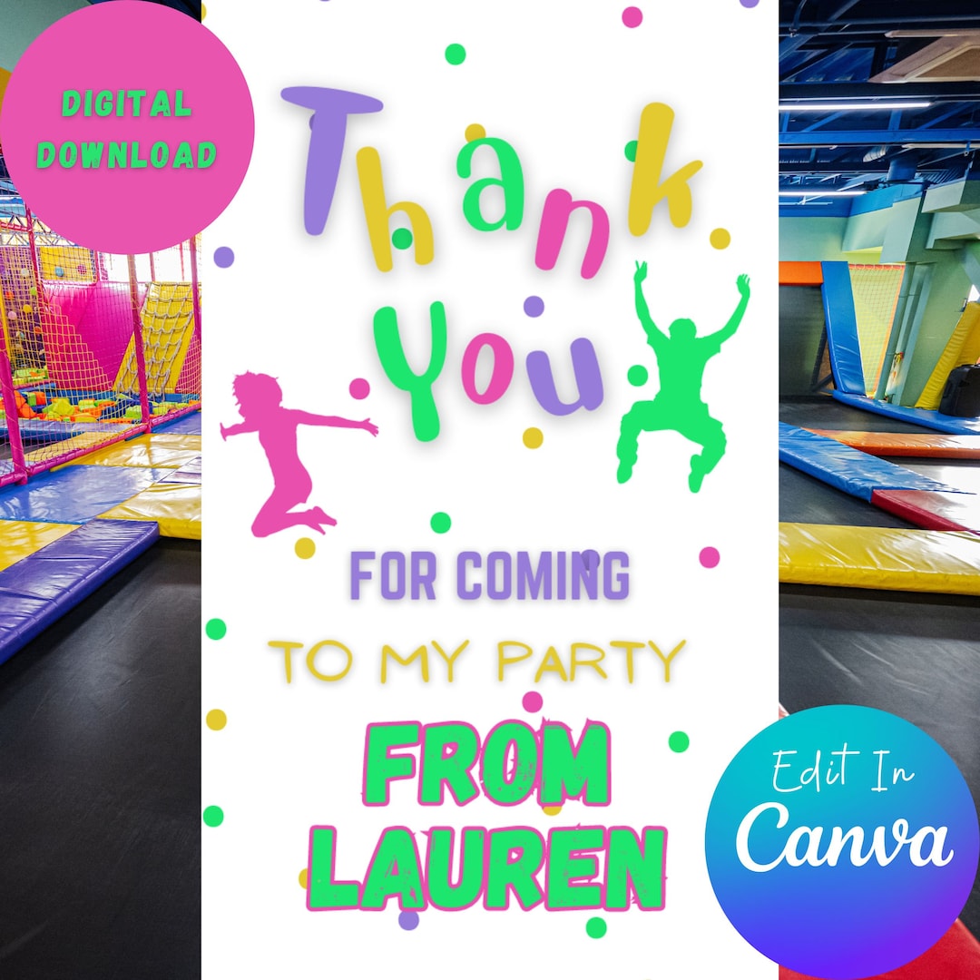 Trampoline Park Editable Party Thank You Tag, Kids Digital Party Bag ...